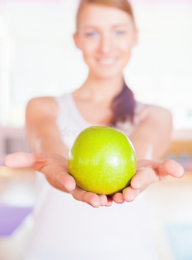 Healthy Lifestyle Concept With Beautiful Woman Holdin Green Apple Stock