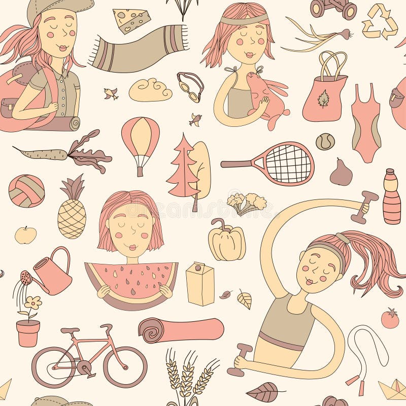 Healthy Lifestyle Seamless Pattern Stock Vector - Illustration of ...