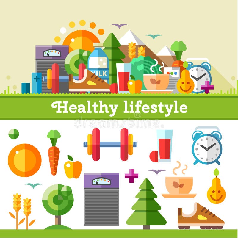 Healthy Lifestyle Icons Set Stock Vector - Illustration of beets, glass ...