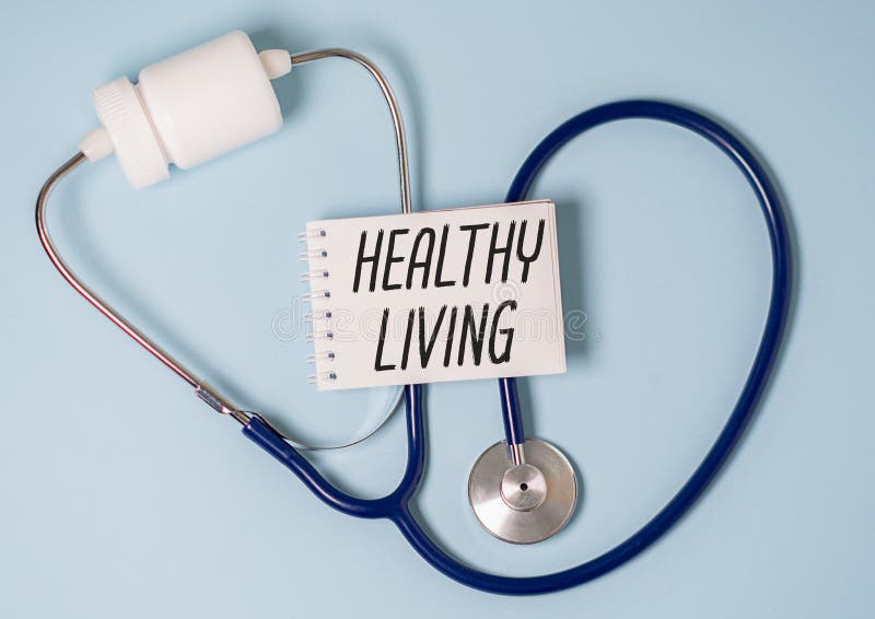 Healthy Living Text on Blue Blackboard with Stethoscope. Stock Photo ...