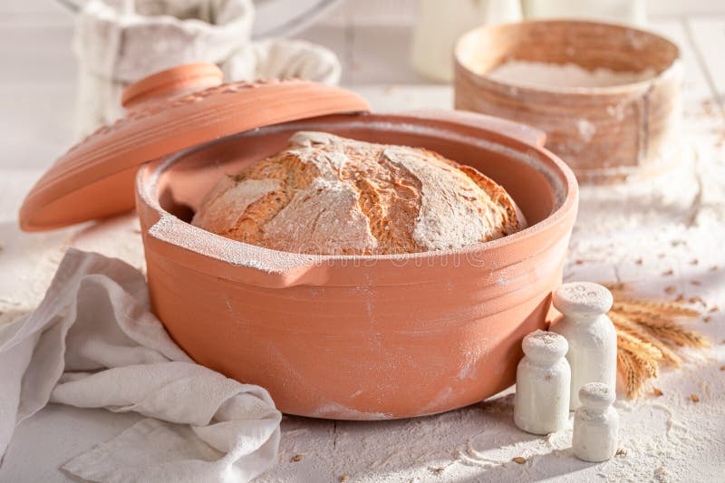 Healthy Loaf of Bread in a Ceramic Baking Tin Stock Photo - Image of ...