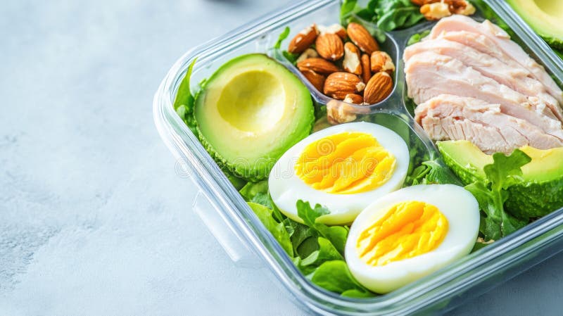 Healthy Lunch Box with Avocado, Egg, Almonds, and Chicken on Greens ...