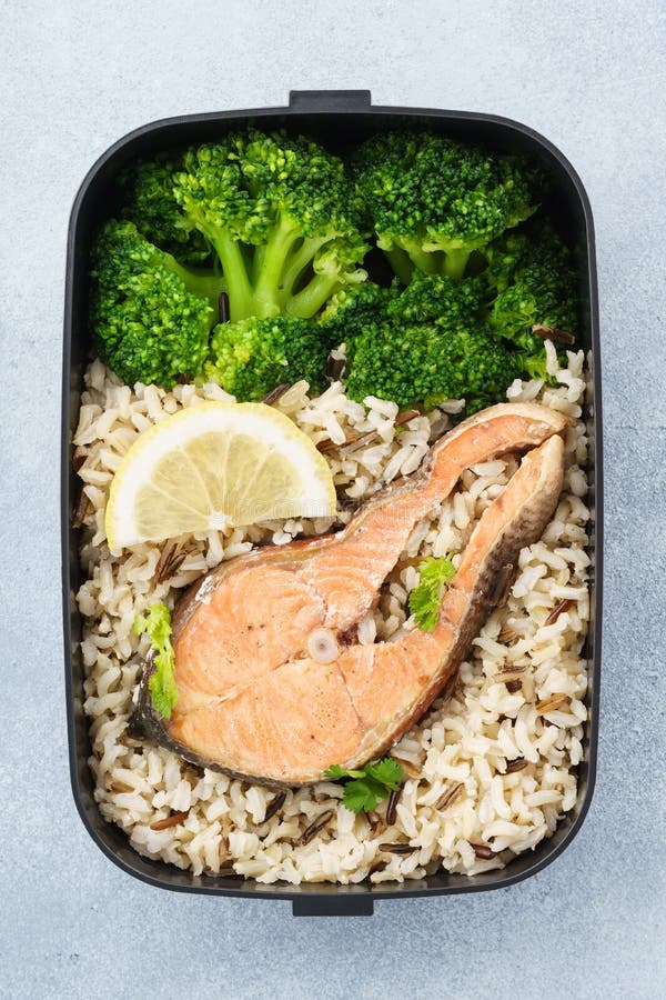 Healthy Lunch Box with Brown Rice, Broccoli and Salmon. Stock Photo ...