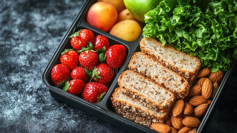 Healthy Lunch Box with Fruits, Vegetables, Bread, and Nuts Stock ...