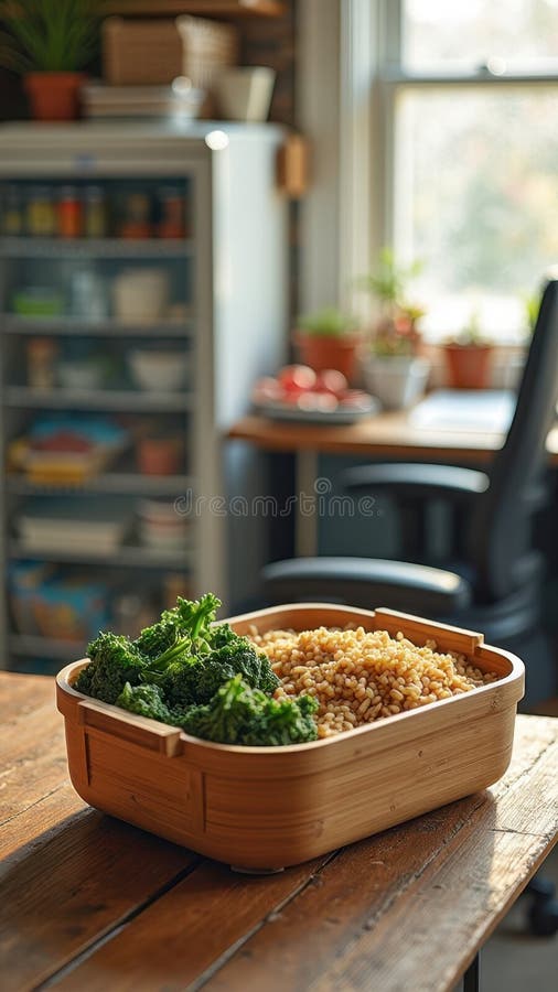 Healthy Lunch with Kale and Grains on Rustic Kitchen Table Stock Photo ...