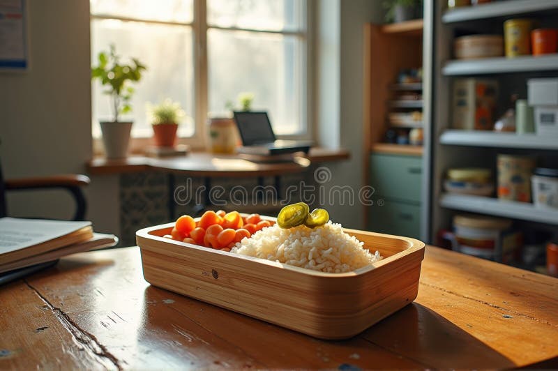Healthy Lunch with Rice and Vegetables on Wooden Table in Sunlit Office ...