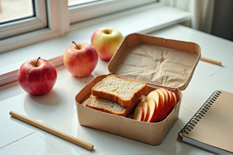 Healthy Lunch with Sandwich and Apple Slices on Desk Near Window Stock ...
