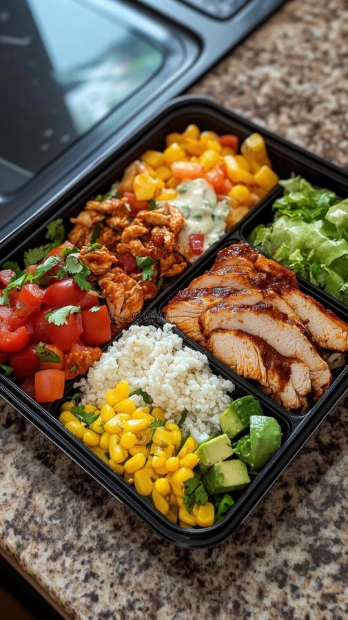 Healthy Meal Prep Box with Grilled Chicken, Vegetables, and Rice Stock ...