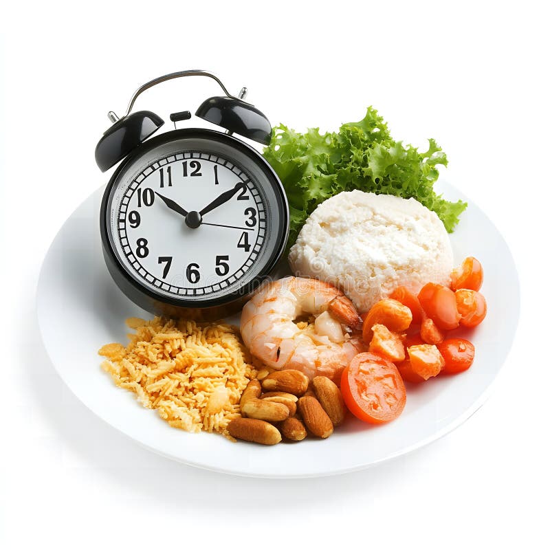 Healthy Meal Timing Clock with Shrimp Rice Nuts and Vegetables Stock ...