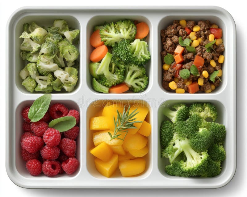 Healthy Meal Tray with Vegetables, Beef, Fruit Stock Illustration ...