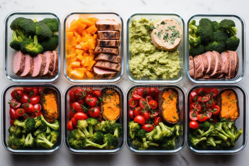 Healthy Meals Portioned Out into Meal Prep Containers Stock Photo ...