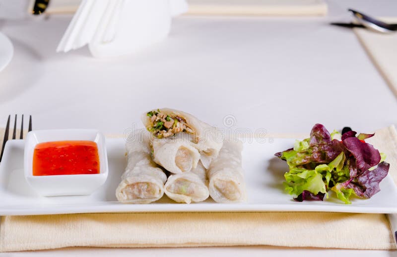 Healthy Meaty Spring Rolls with Veggies and Sauce Stock Photo - Image ...