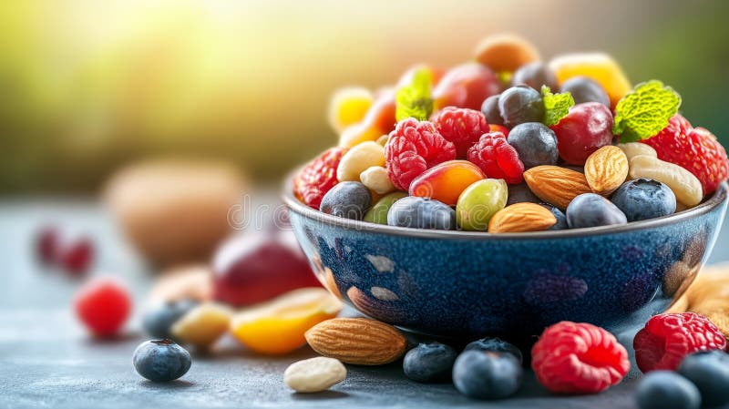 Healthy Mixed Berries and Nuts in Ceramic Bowl Stock Illustration ...