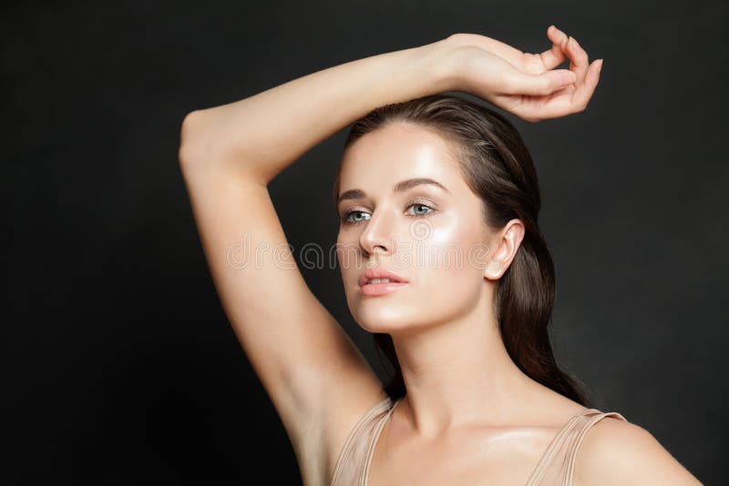 Healthy Model with Clear Skin on Black Background Stock Image - Image ...