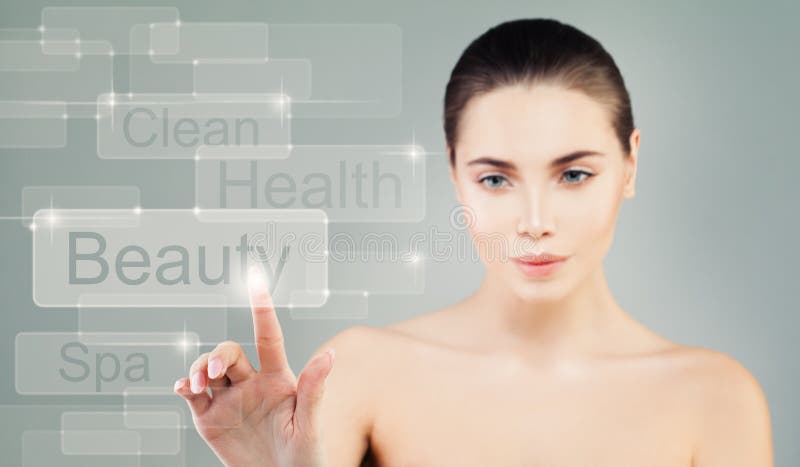 Healthy Model Woman with Virtual Display Stock Image - Image of happy ...