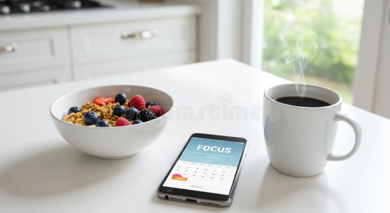 Healthy Morning Routine with Breakfast Bowl, Smartphone, and Coffee Cup ...