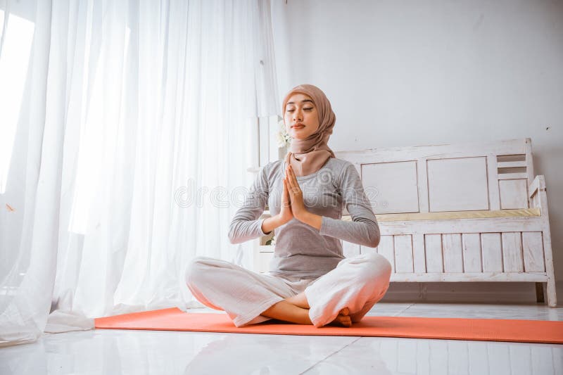 Beautiful Young Girl Hijab Meditates Practices Yoga