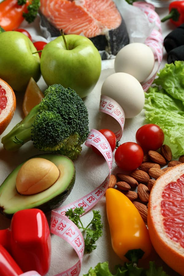 Healthy Nutrition Concept on White Textured Background, Close Up Stock ...