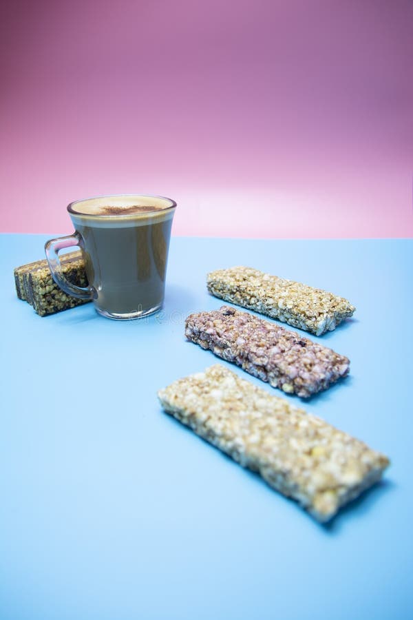 Healthy Nutrition Protein Bars on Blue and Pink Background Stock Image ...