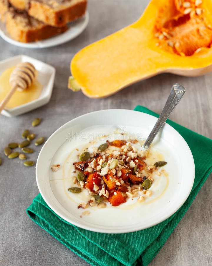 Healthy and Nutritious Autumn Specific Breakfast Made of Yogurt, Baked ...