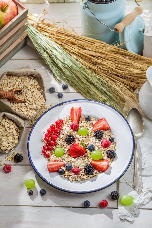 Healthy Oat Flakes with Fresh Fruits and Milk Stock Photo - Image of ...