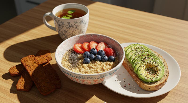 Healthy Oatmeal Breakfast with Avocado Toast and Berries Stock ...