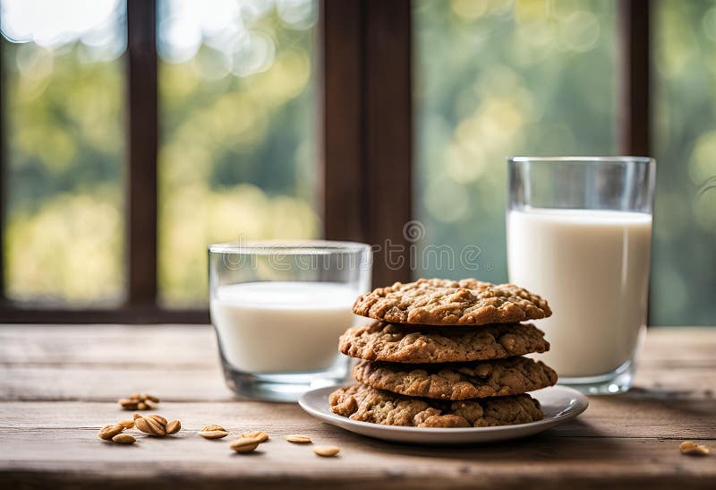 Healthy Oatmeal Cookies and Milks on Table Stock Illustration ...