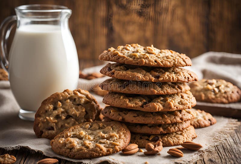 Healthy Oatmeal Cookies and Milks on Table Stock Illustration ...