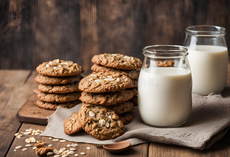 Healthy Oatmeal Cookies and Milks on Table Stock Illustration ...