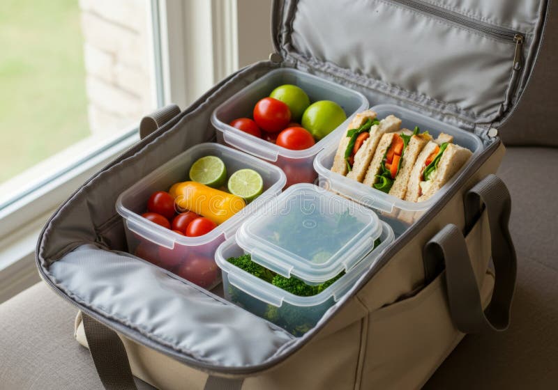 Healthy Packed Lunch in Beige Lunch Bag Stock Illustration ...