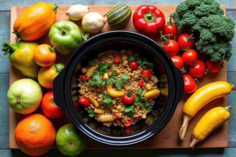 Healthy Plant-Based Meals in a Slow Cooker Stock Illustration ...