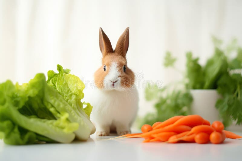 Healthy Rabbit Nutrition Concept: Fluffy Bunny with Fresh Veggies Stock ...