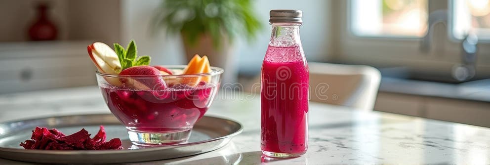 Healthy Refreshing Beetroot Juice and Mixed Fruit Bowl on Kitchen ...