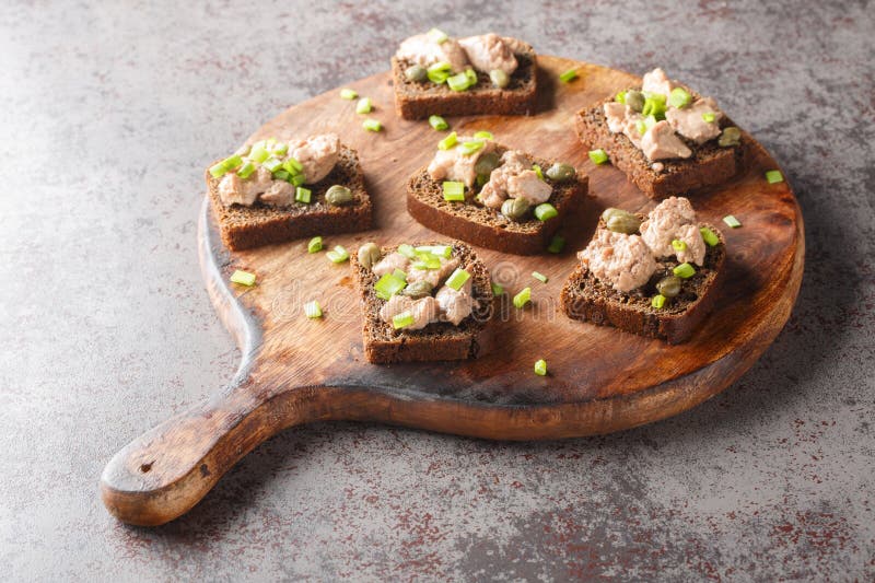 Healthy Rye Bread with Canned Cod Liver, Capers and Green Onions Close ...