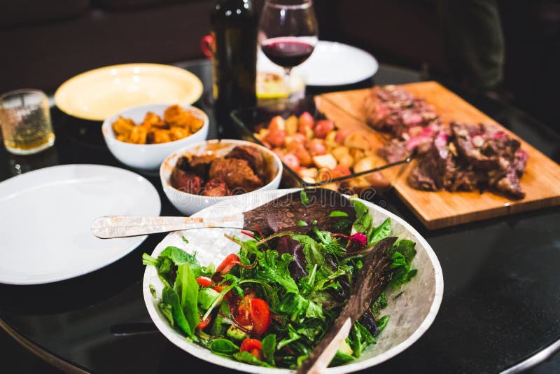 Healthy Salad and Meats Dinner Table Stock Image - Image of healthy ...