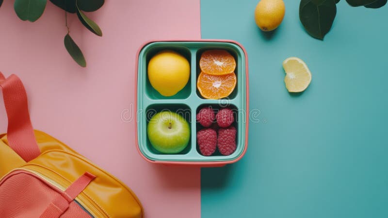 Healthy School Lunch Box with Fruits and Backpack Stock Image - Image ...