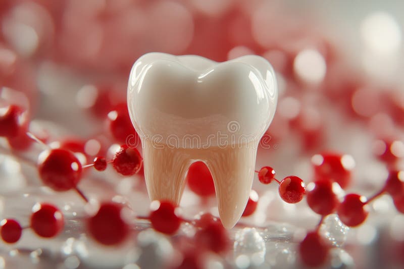 Healthy Single Tooth Shining Over Red and White Molecules Background ...