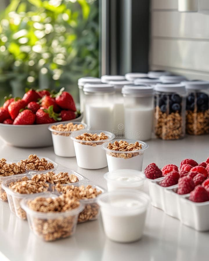 A Healthy Snack Display Featuring Yogurt, Granola, and Fresh Berries in ...