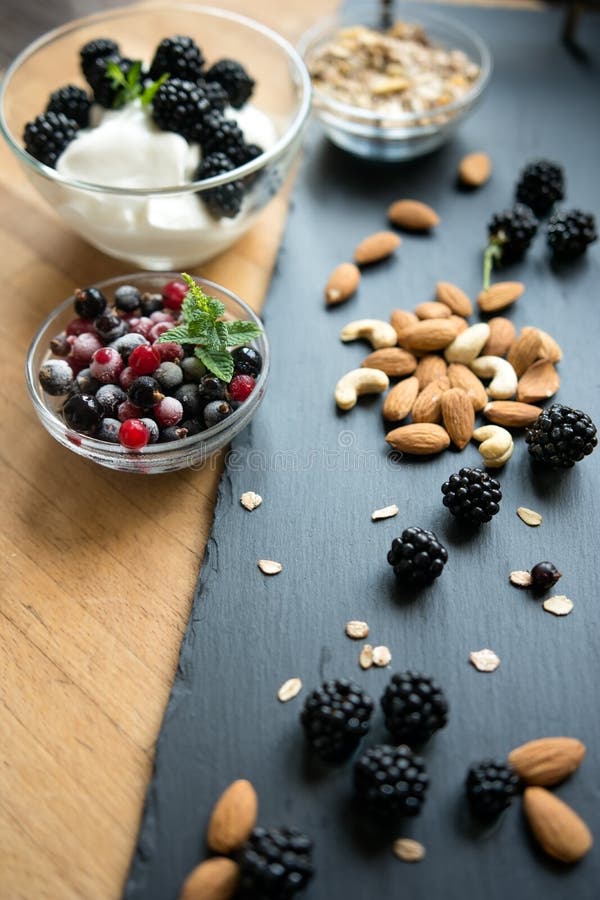 Healthy Snack with Fresh Fruits and Almonds Stock Photo - Image of ...