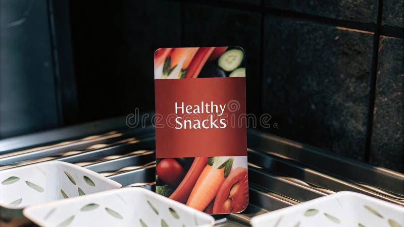 Healthy Snacks Display Card on Metal Counter with Fresh Vegetables ...