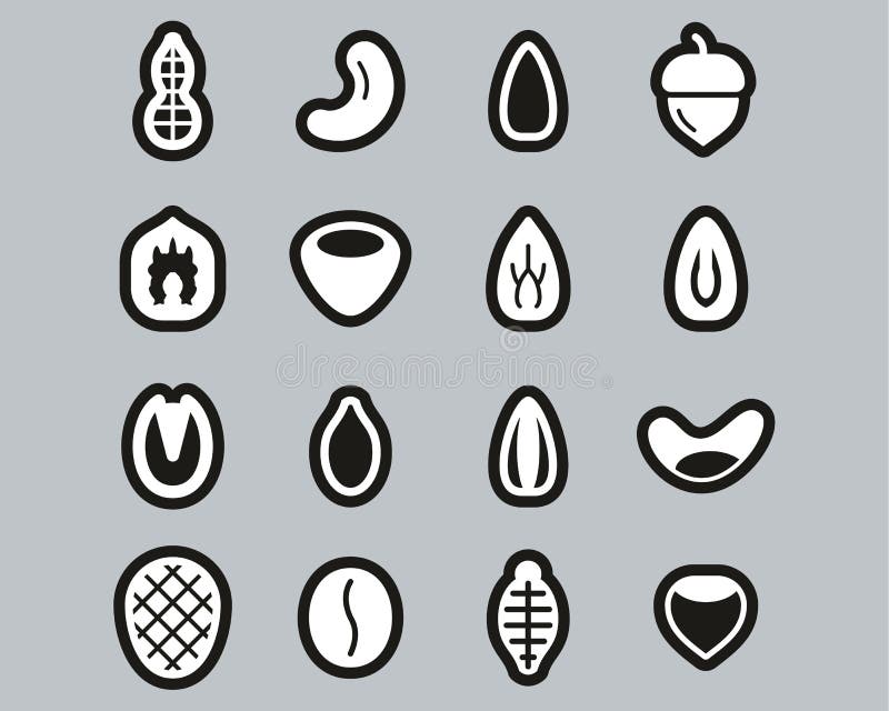 Healthy Snacks or Nuts Icons White on Black Sticker Set Big Stock ...