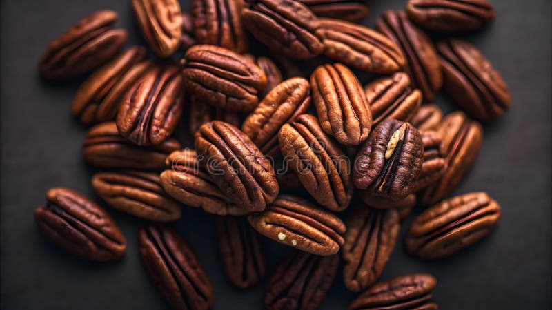 Healthy Snacks Pecans Scattered on Dark Surface, Showcasing Their Rich ...