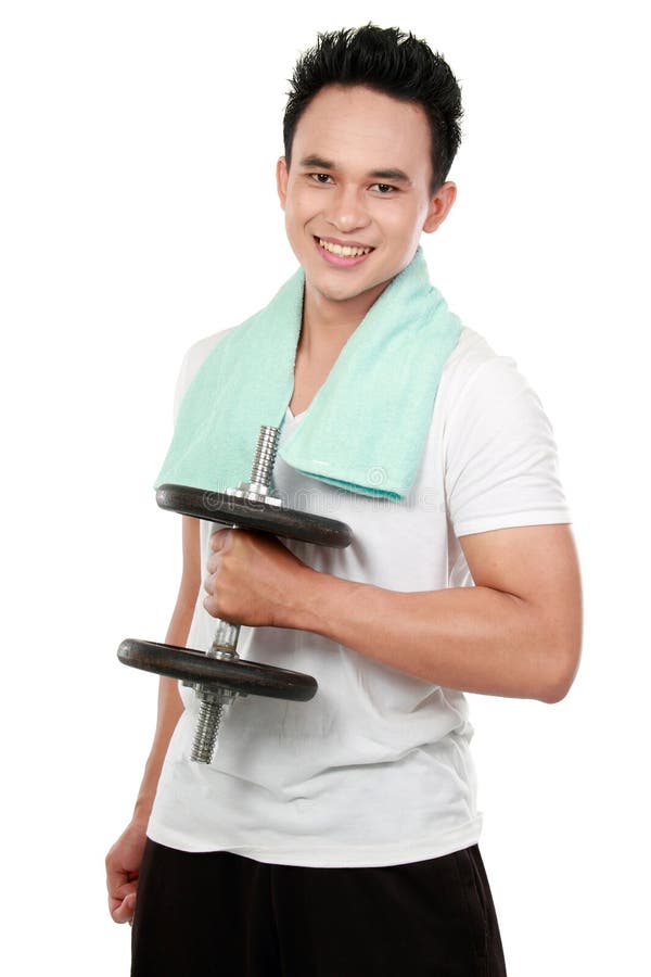 Healthy Sports Man with Dumbbell Smiling Stock Image - Image of people ...