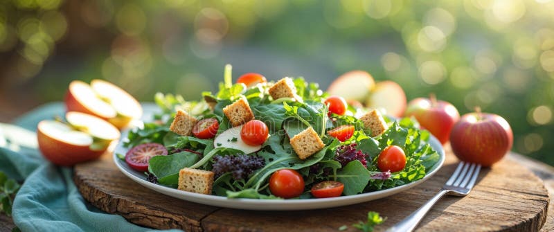 Healthy Summer Lunch Outdoors Featuring Fresh Salad and Sliced Apples ...