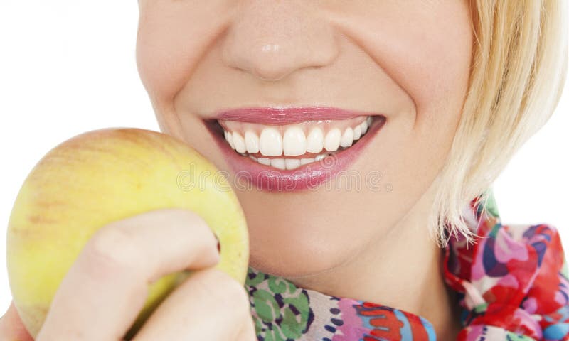 Healthy Teeth and Apple, Close Up. Isolated on White Background Stock ...