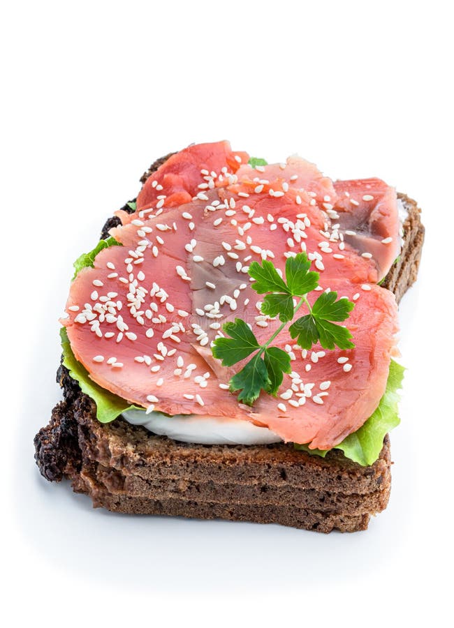Healthy Toast with Rye Bread and Salmon Isolated on White Stock Photo ...
