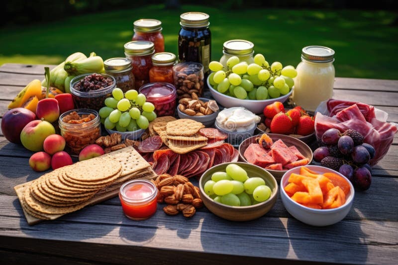 Healthy Trail Snacks Spread Out on a Picnic Table Stock Illustration ...