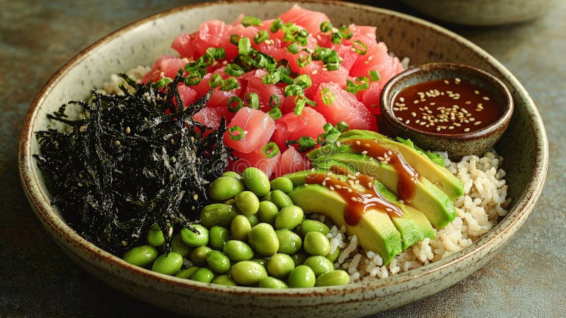 Healthy Tuna Poke Bowl on Plate Stock Image - Image of avocado ...