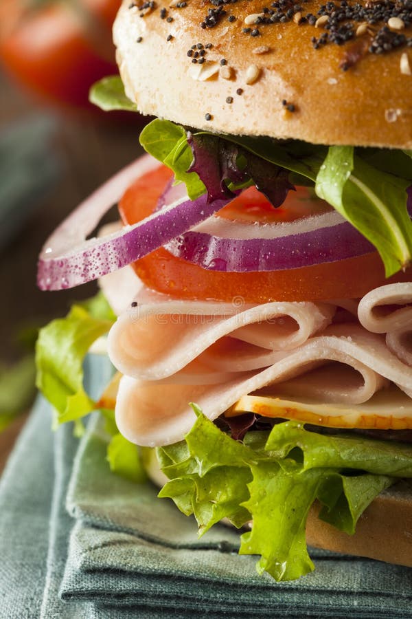 Healthy Turkey Sandwich on a Bagel Stock Photo - Image of chicken, diet ...