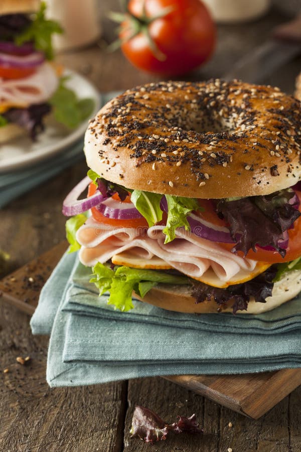 Healthy Turkey Sandwich on a Bagel Stock Image - Image of delicious ...